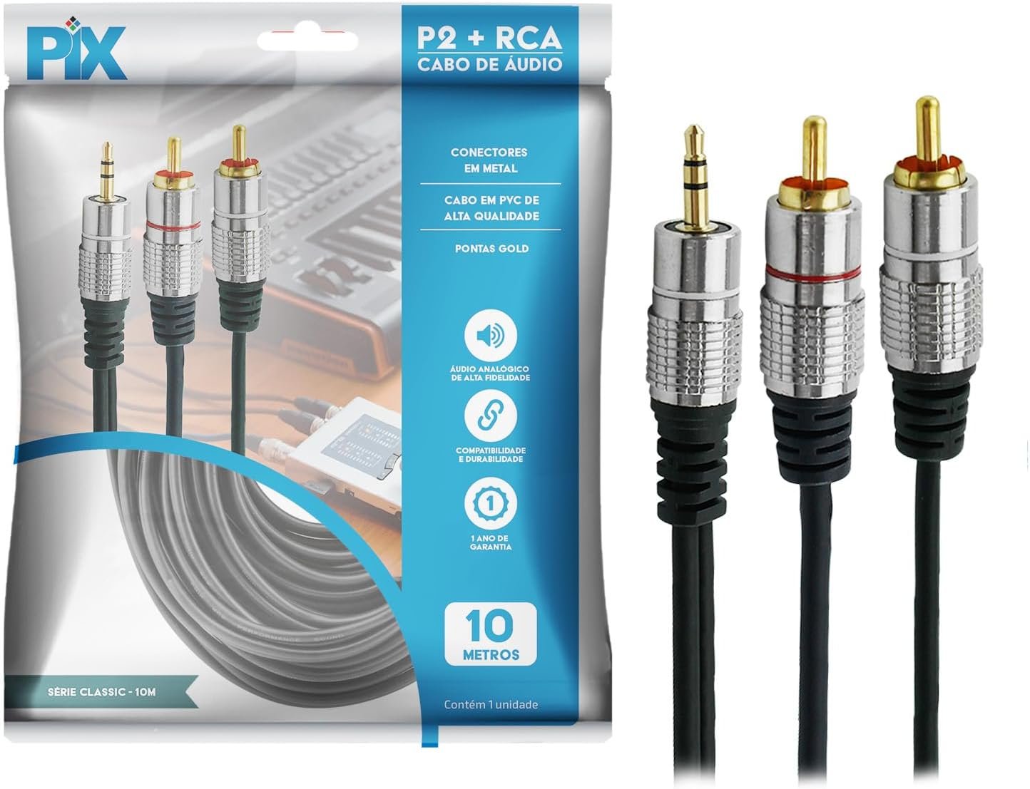 Cabo P2+Rca P2 Estereo X 2 Rca Macho Plug Metal - 10m